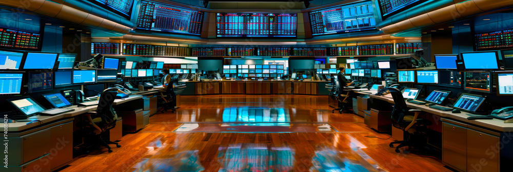 High-tech control room with multiple screens and data displays Stock ...
