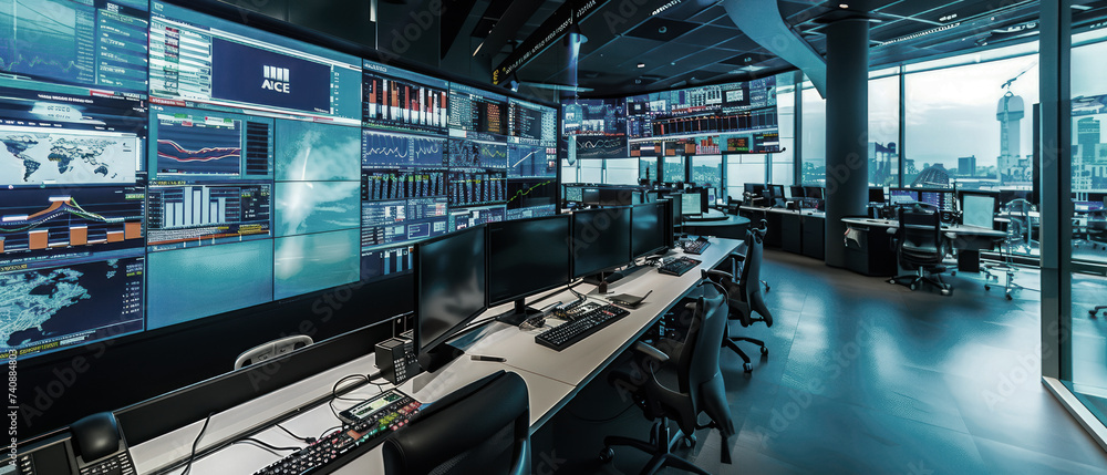 High-tech control room with multiple screens and data displays Stock ...