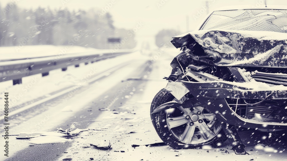 Car accident during snowstorm. Emergency lights flash amidst the ...