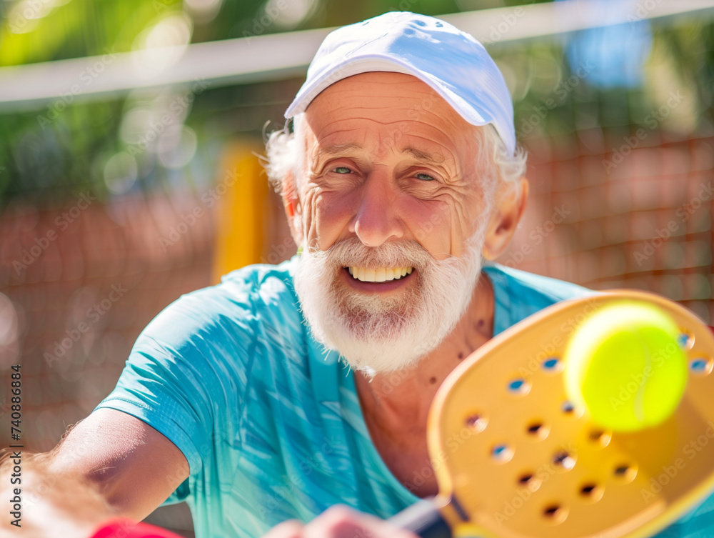 Senior man enjoying pickleball game in the sun on the outdoor court ...