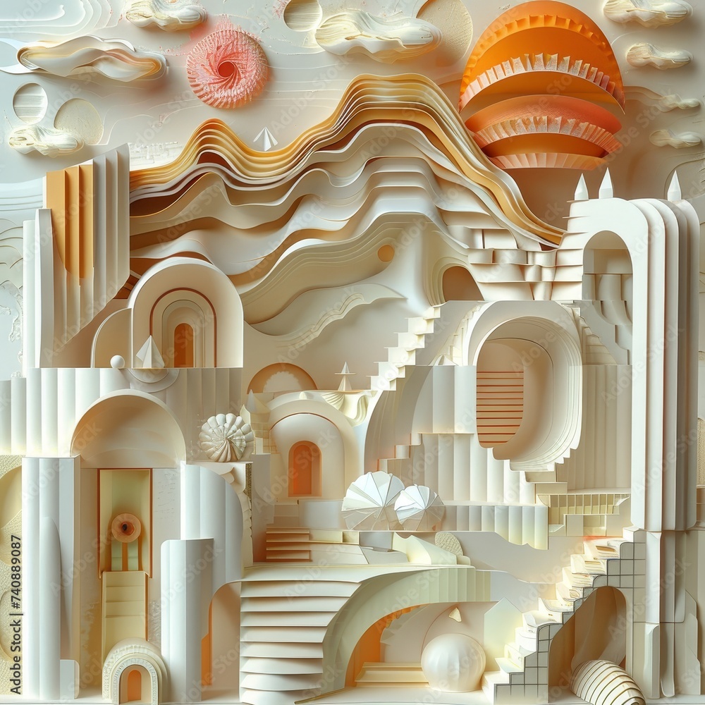 Intricately layered paper art creates a surreal desert landscape with ...