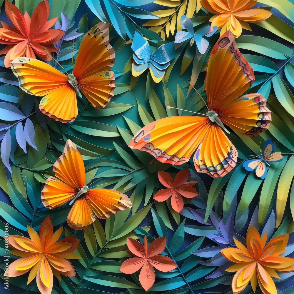 A dynamic display of paper butterflies with outspread wings among ...