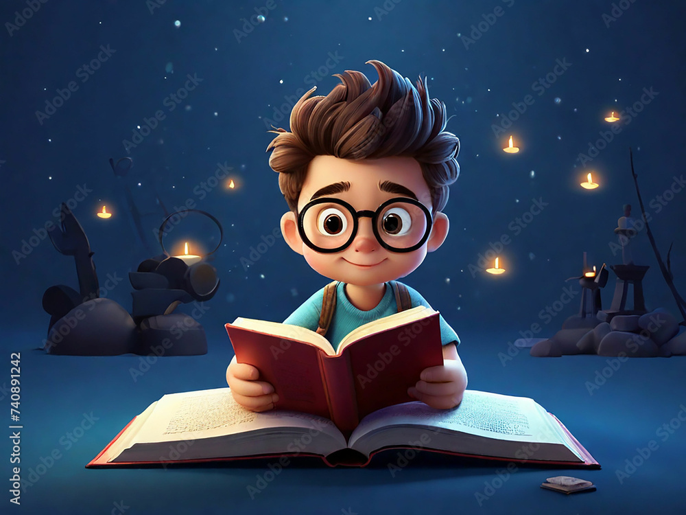 Reading book cartoon in a dark nevi blue background, HD quality image ...