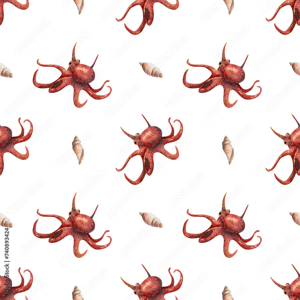 Seamless octopus pattern. Watercolor background with sea marine ...