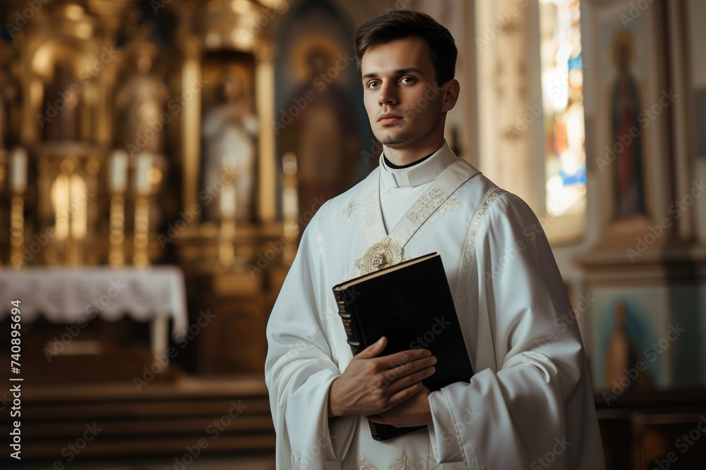The clean priest holds the Bible and stands in front of the altar of ...
