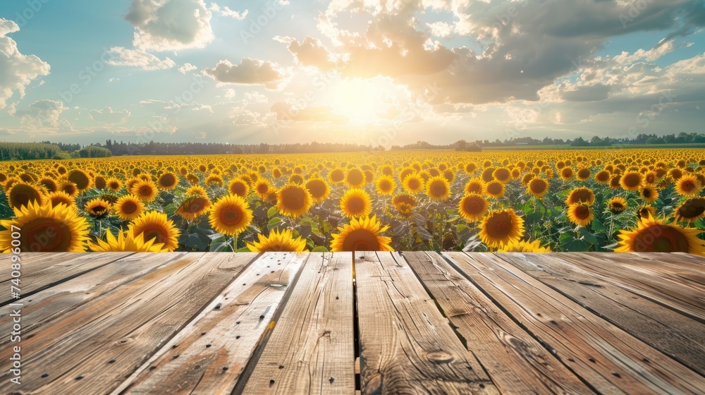 Platform and natural backdrop with sunflower field Cloud and sky ...