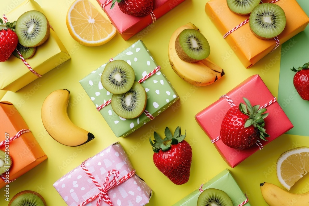 Assorted Fruits Wrapped in Vibrant Wrapping Paper, Gift boxes in shapes ...