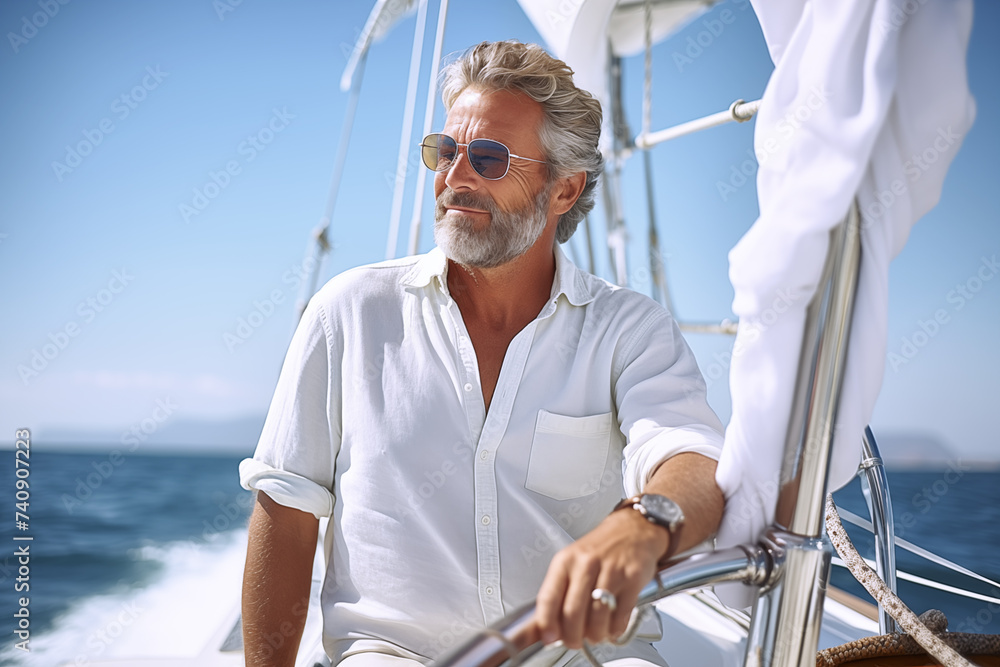 handsome 70 year old man standing at the stern of a sailboat manning ...
