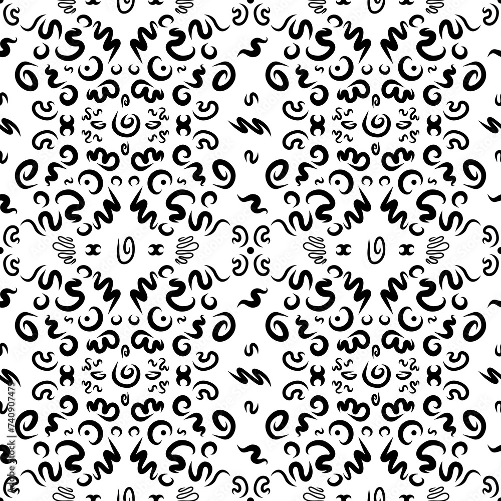 Curvy doodle black lines in seamless pattern that resembles rug design. Subtle monochrome ...