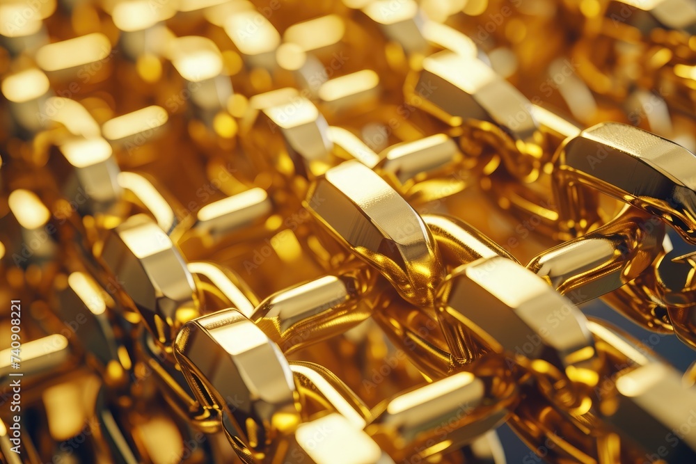 A photo of numerous gold chains with linked designs, creating a ...