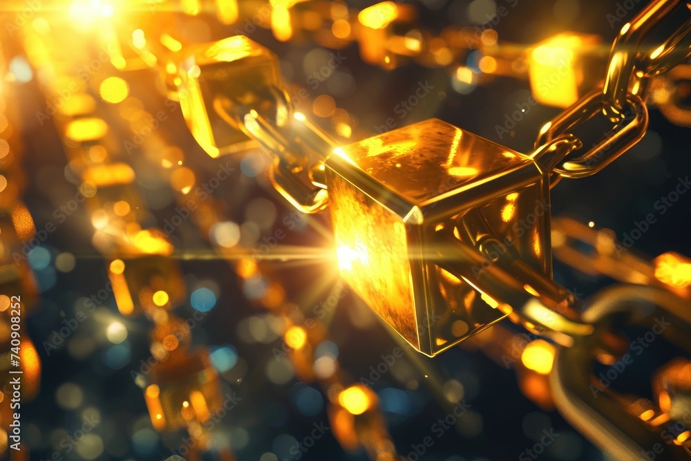 A close-up photo of a shiny golden chain with a beam of light passing ...