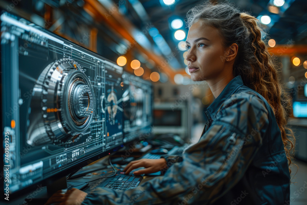 Foto Stock A focused woman intently works on her computer, surrounded ...