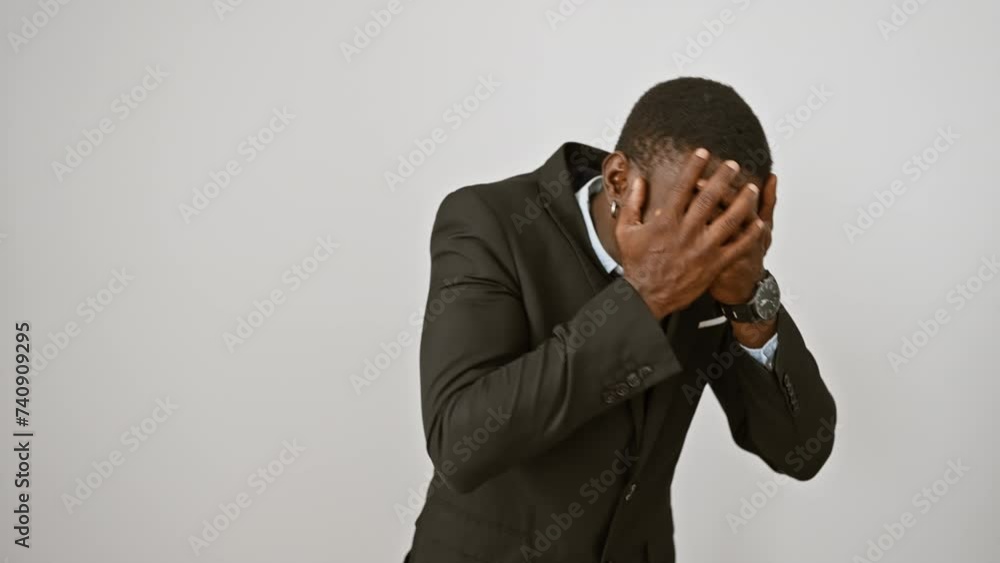 Embarrassed african american man in suit caught peeking, covering face ...