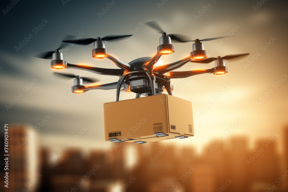 Smart package Drone Delivery drone freight logistic. Box shipping ...