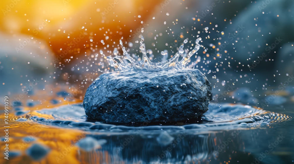 In a dynamic explosion, a water splash emanates from a thrown stone ...