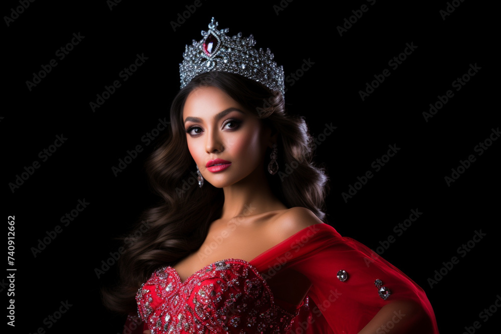 Half Body of Miss Pageant Contest in Asian Red Glitter Evening Ball ...
