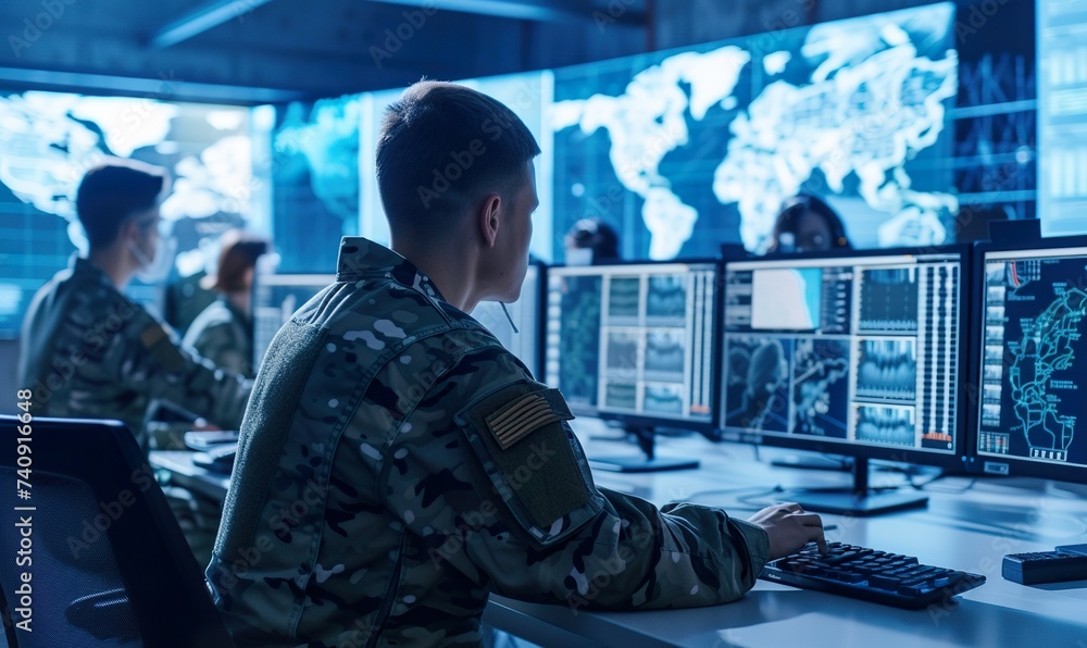 military operator monitoring battle information in control room with ...