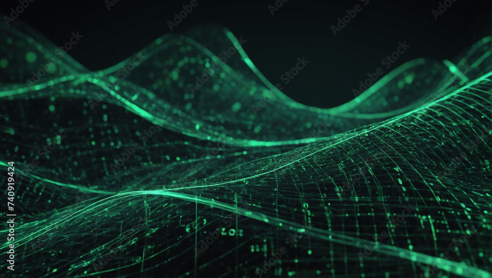 Abstract green cyberspace backdrop featuring a dynamic wave of dots and ...
