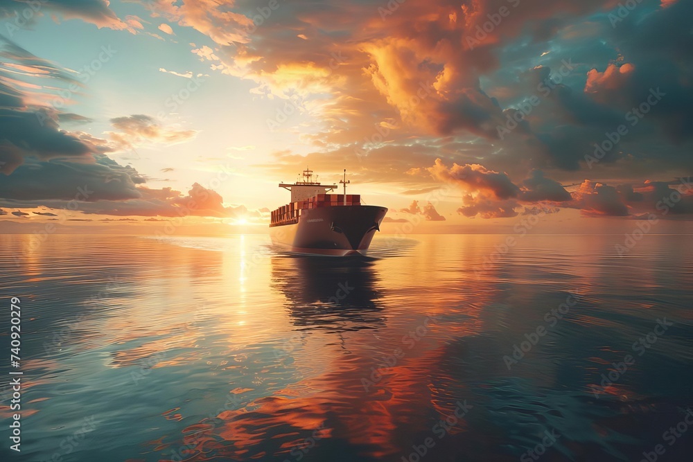 Modern cargo ship navigating through serene waters at dawn Symbolizing ...