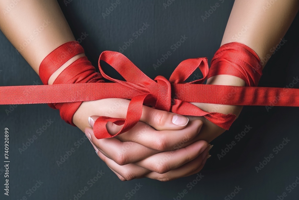 Two hands bound tightly together by a vibrant red ribbon, creating a ...