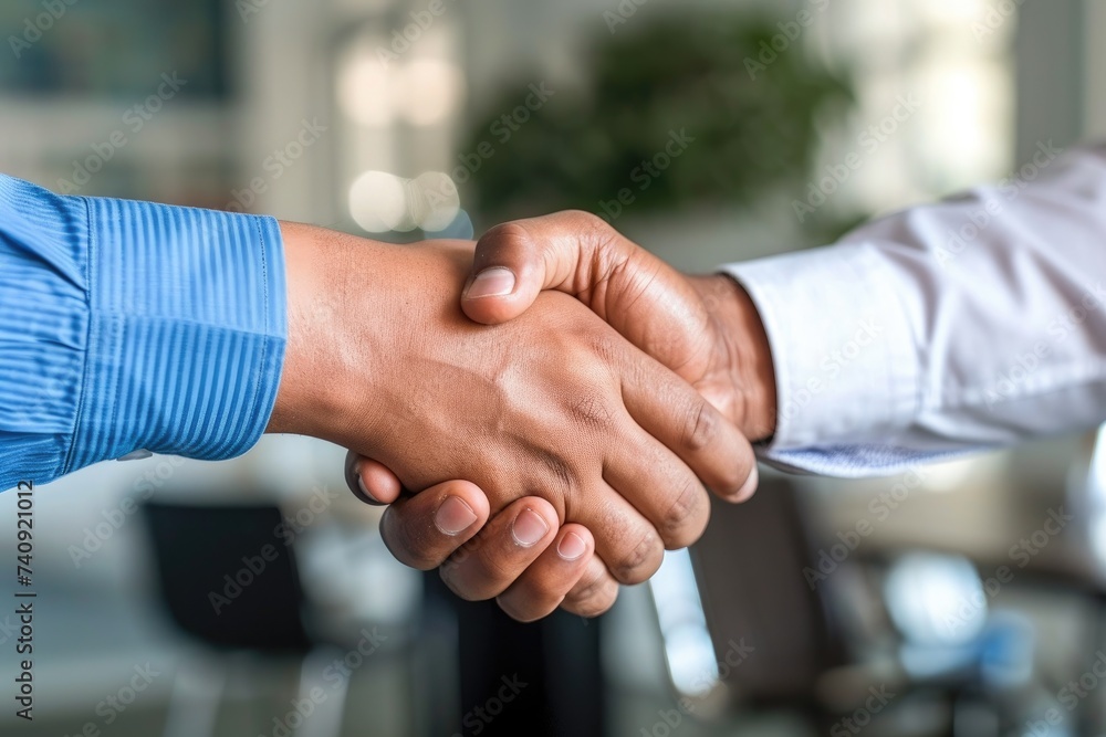 Two individuals engaged in a formal business meeting, shaking hands to ...