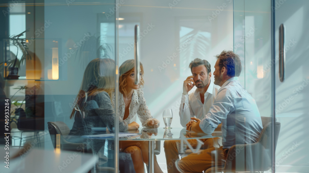 Two professionals are engaged in a focused conversation at a table in a ...