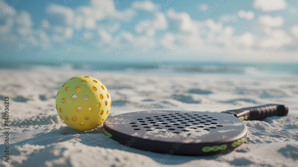 Pickleball paddle and ball on sandy beach. Beach pickleball set against ...