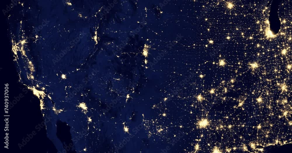 Bright lights of night cities in the USA, view from an orbiting ...