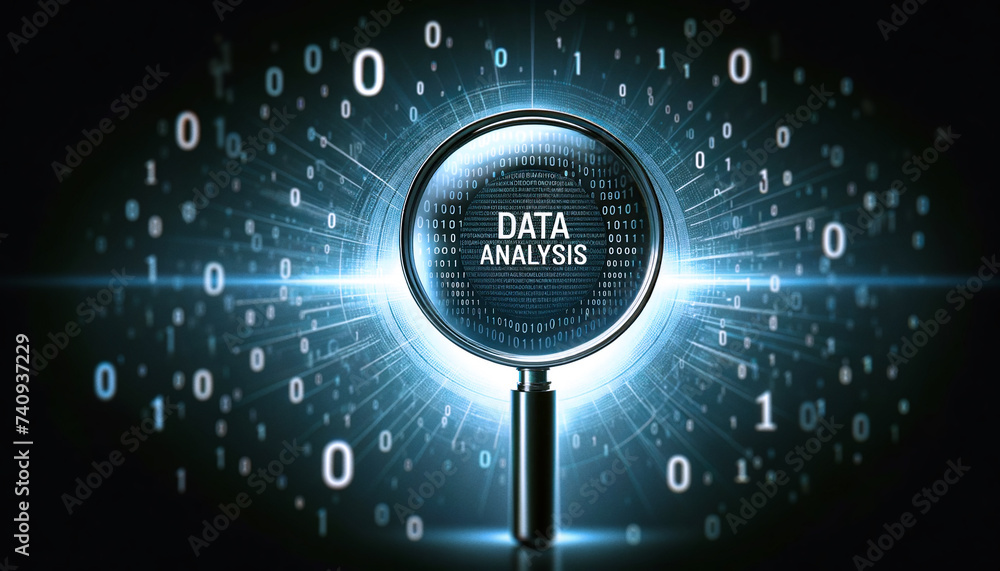 Data analysis concept with magnifying glass, digital data search, binary code investigation ...