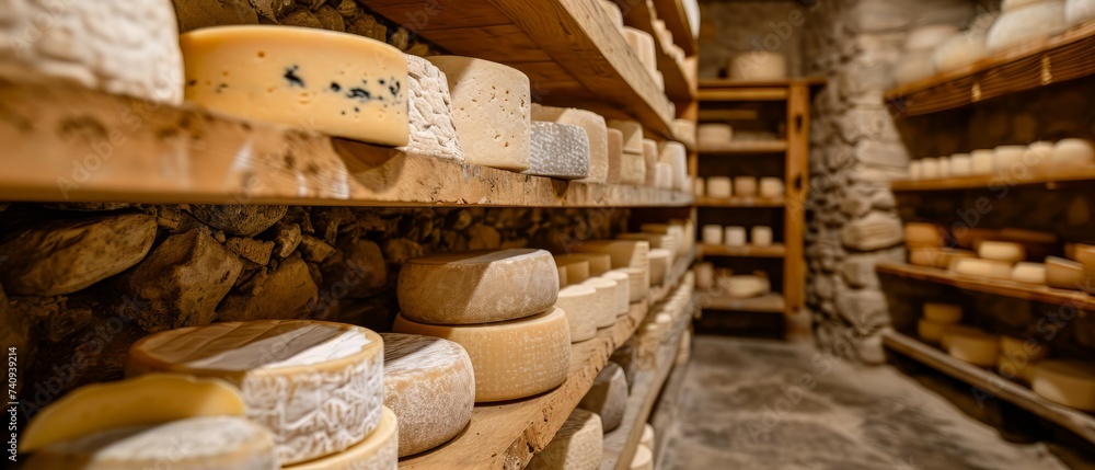 Cheese collection in a cellar of a winery in Italy or france. A cheese ...