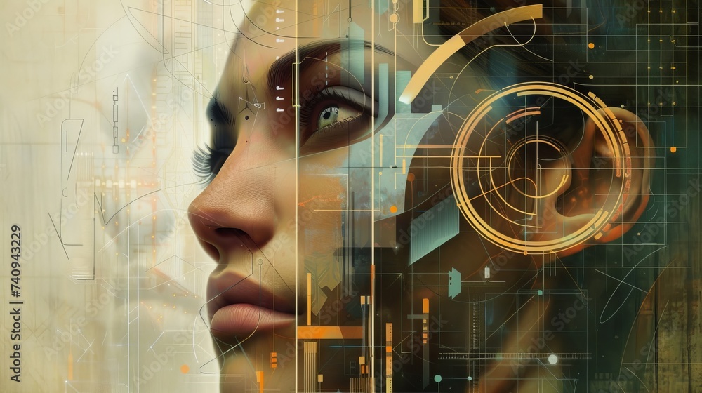 Digital female portrait overlaid with futuristic tech schematics Stock ...