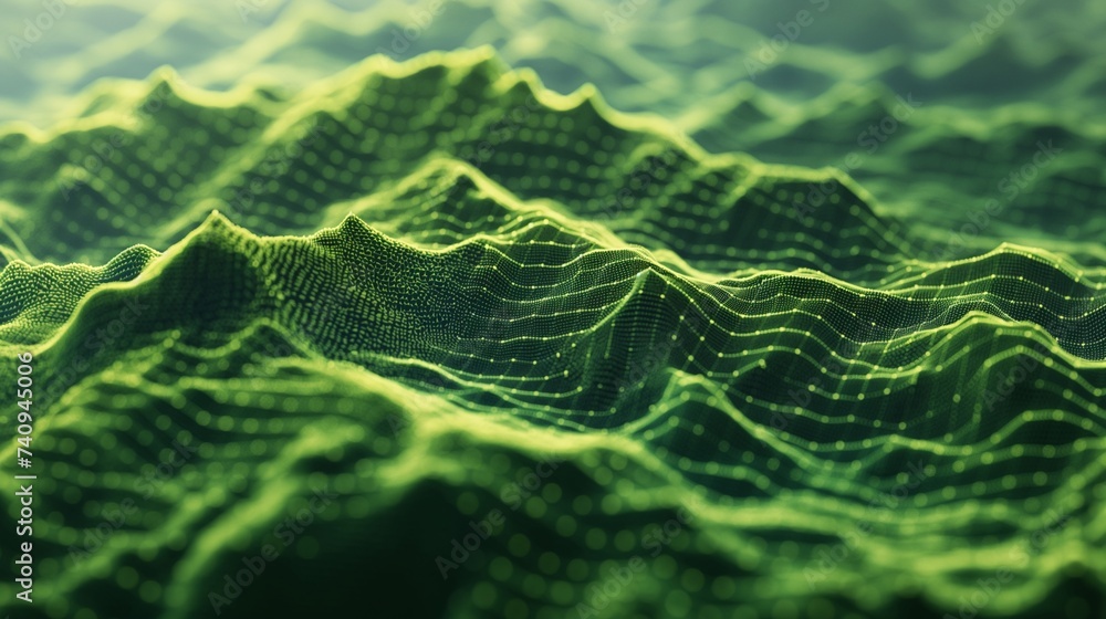 A digital landscape formed by peaks and valleys in a wireframe design ...