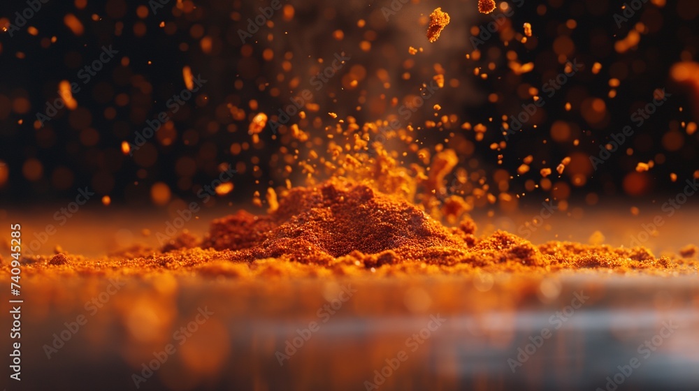 A dynamic scene capturing the sprinkle of paprika powder from above ...