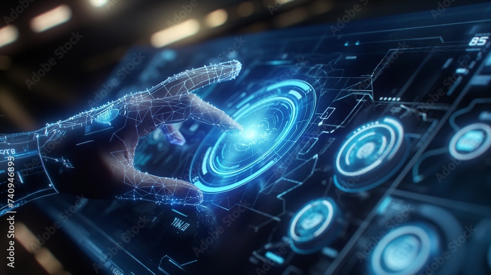 A holographic interface floating in mid-air, with futuristic ...