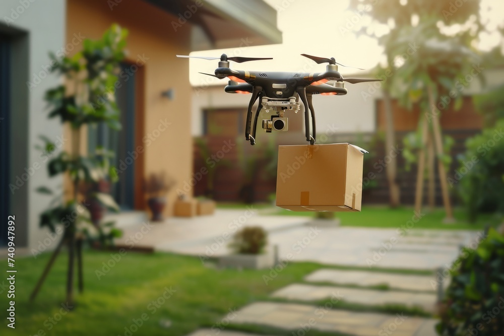 Smart package Drone Delivery autonomous mobility. Box shipping tech ...