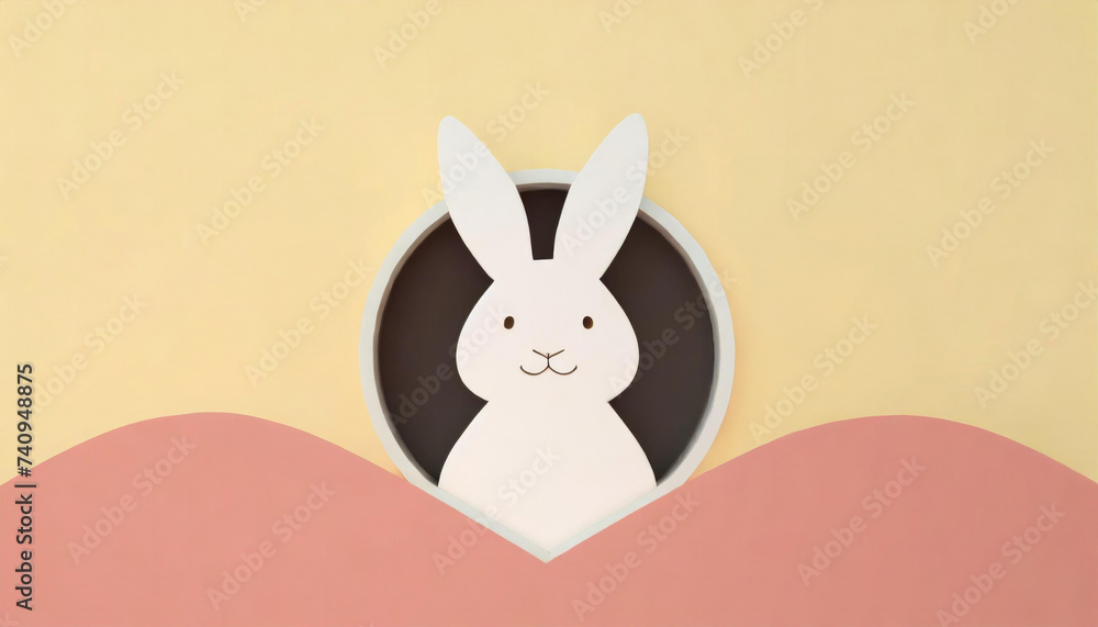 Paper cut Easter bunny peeping over a red hill on a yellow background ...