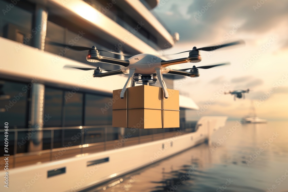 Smart package Drone Delivery pizza box. Box shipping drone delivery ...