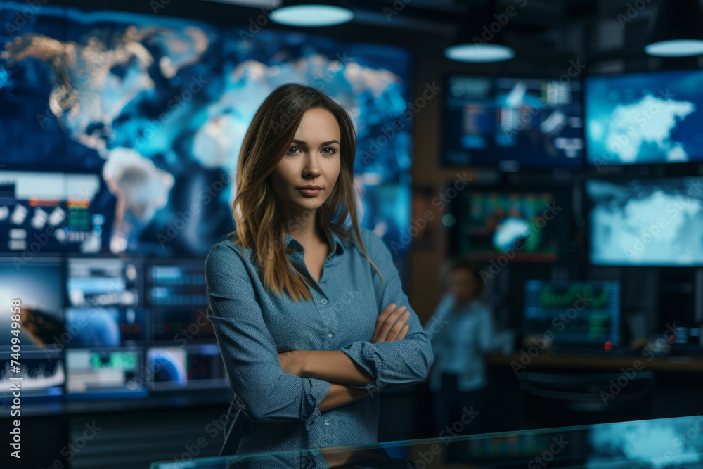 Professional anchor reporting on weather forecast against background ...