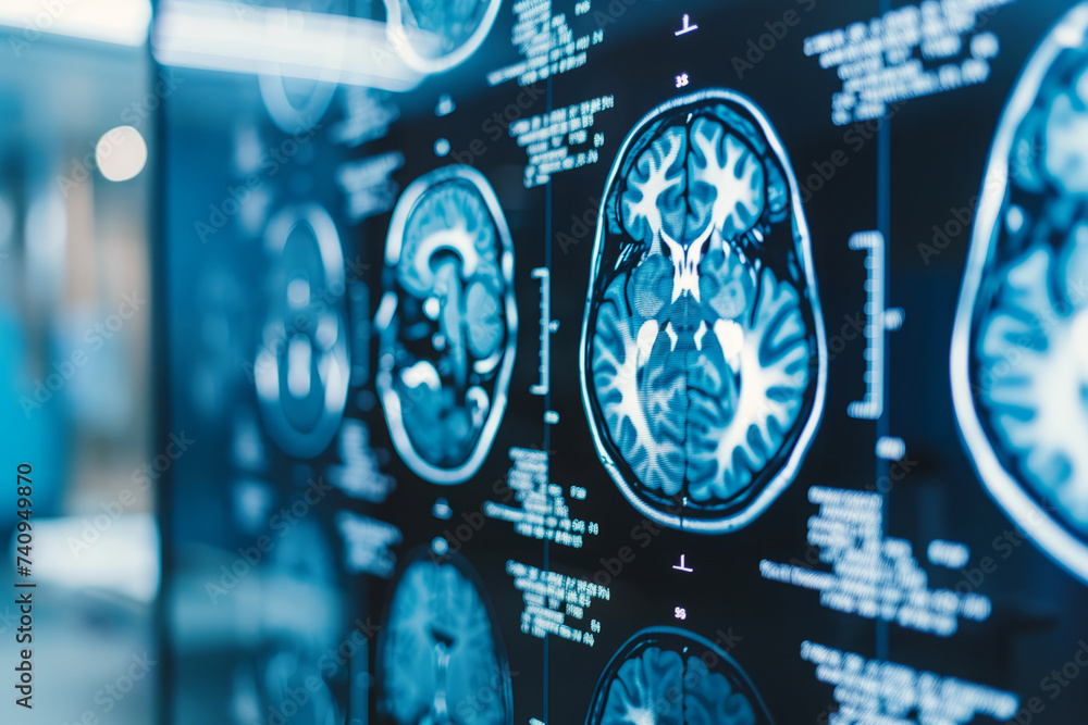 PET CT scan of human brain on screen of diagnosis machine at hospital ...