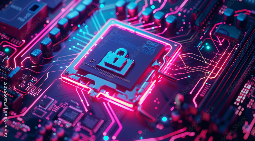 secure connection or cybersecurity service concept of compute motherboard closeup and lock with ...