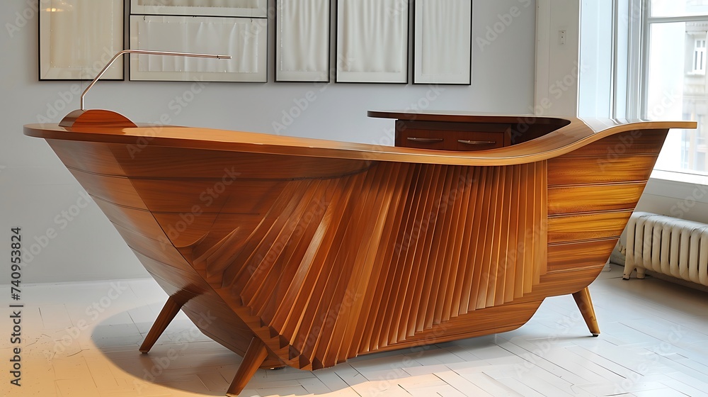 Mid, century modern reception front desk design with teak wood veneer ...