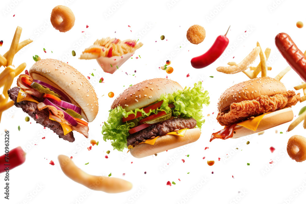 Floating Burger Flying fast food isolated on transparent white abstract ...