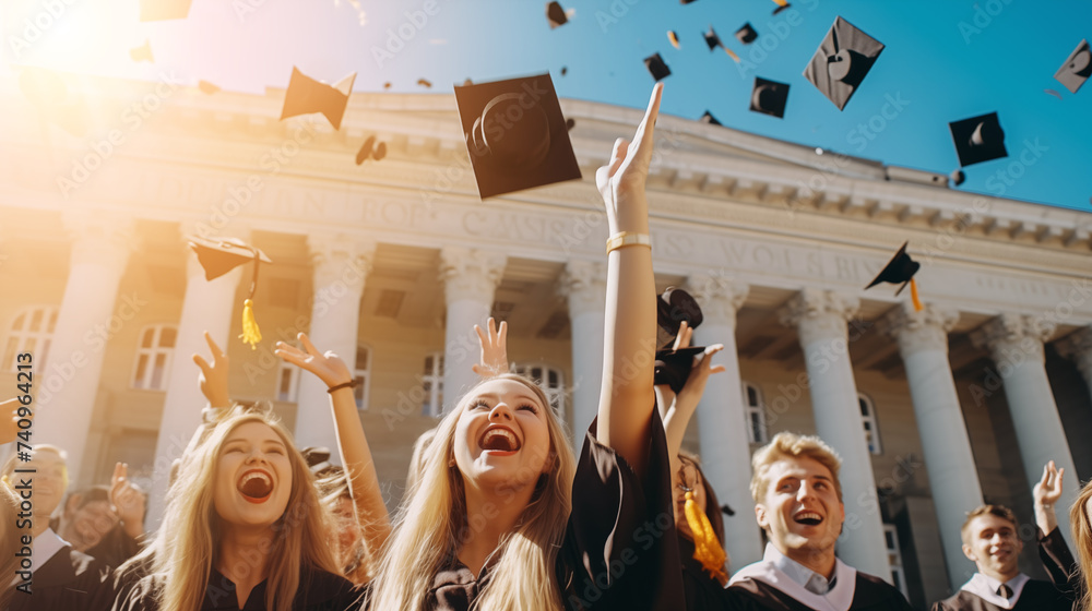 Group of happy students stands in front of the university building on ...
