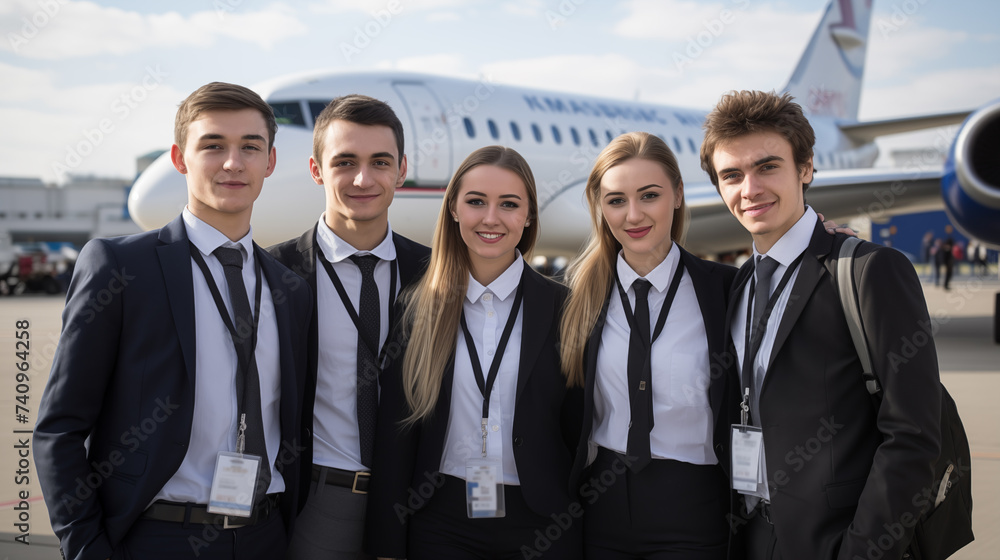 Group of aviation university graduate students stands in front of an ...