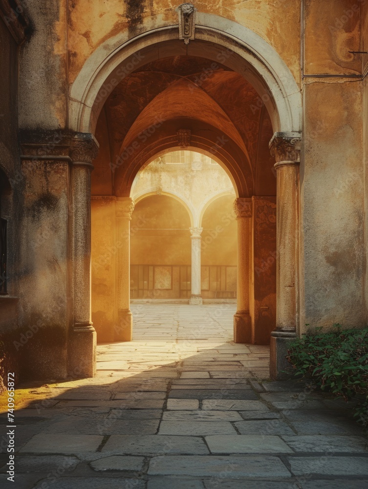 Ancient, grand archway leading to an open courtyard bathed in golden ...