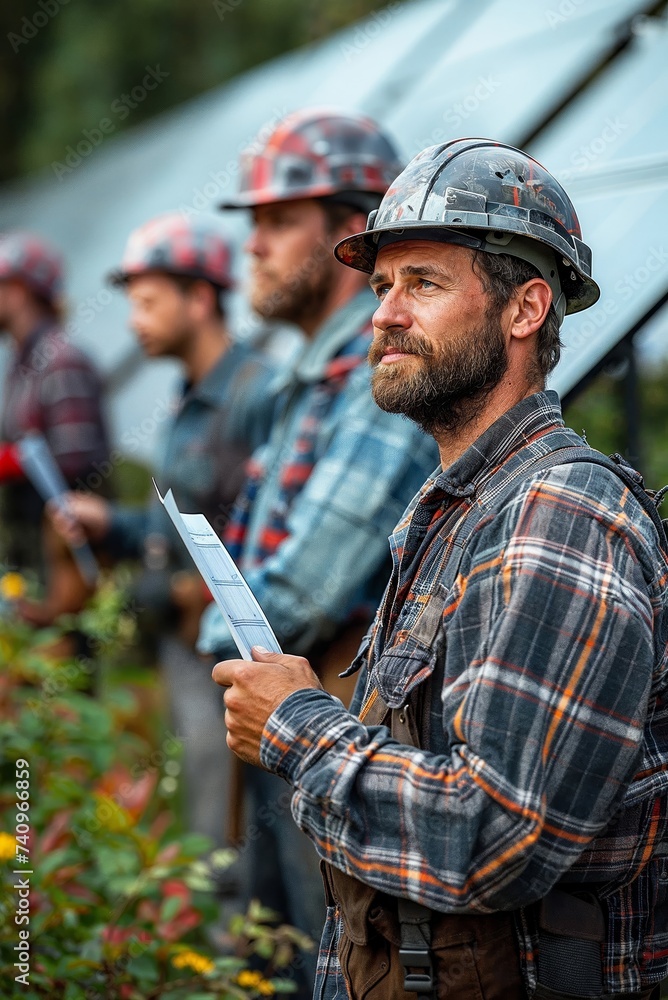 A team of solar field technicians at work, one holding a blueprint ...