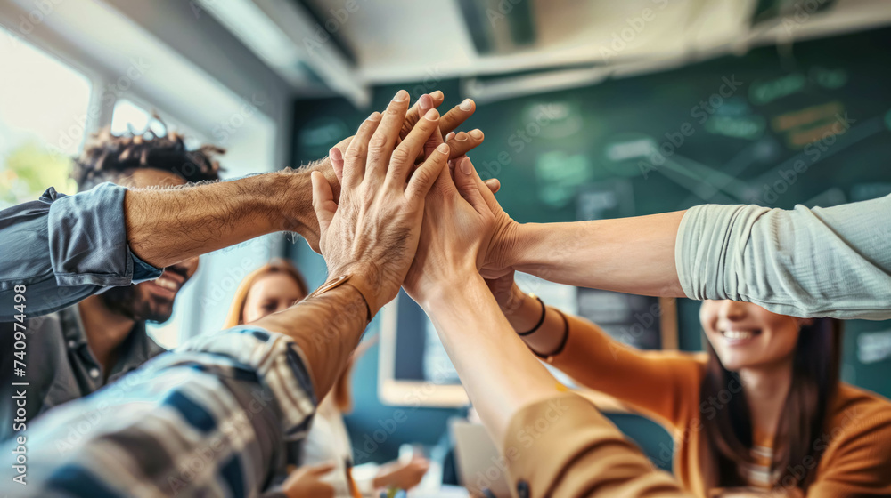 Different People Doing Hi Five During Meeting Room. Team Success ...