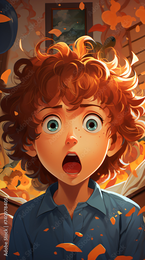 curly haired cartoon boy expressing a mix of emotions including shock ...