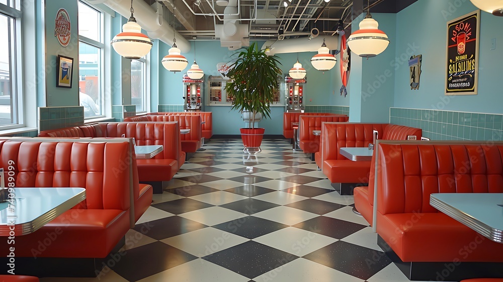 Retro diner inspired office with booth seating and vintage soda ...