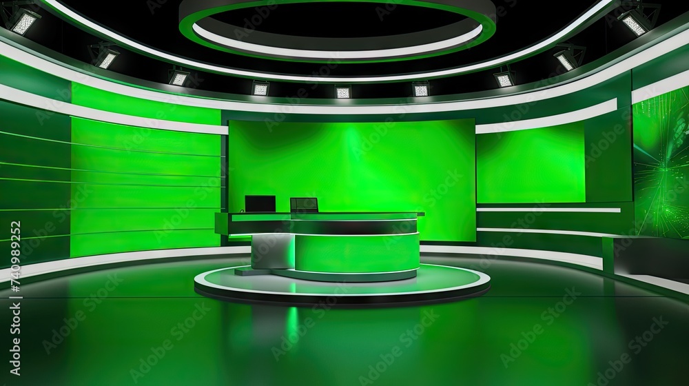Virtual TV news broadcast studio set background with a suspended ...